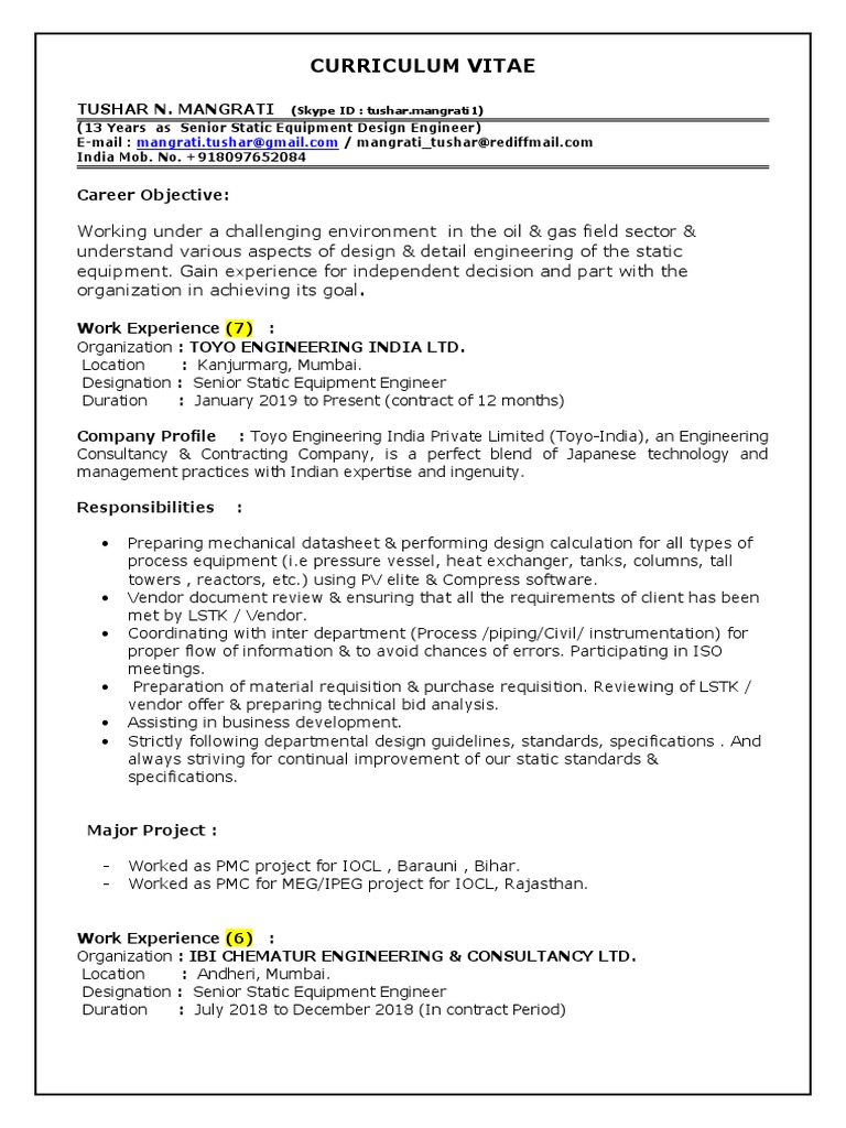 Senior Static Equipment Engineer CV | PDF | Pipe (Fluid Conveyance ...