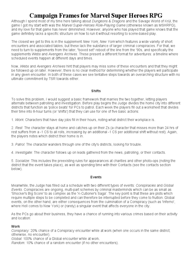 Campaign Frames For Marvel Super Heroes RPG | PDF | Role Playing Games ...