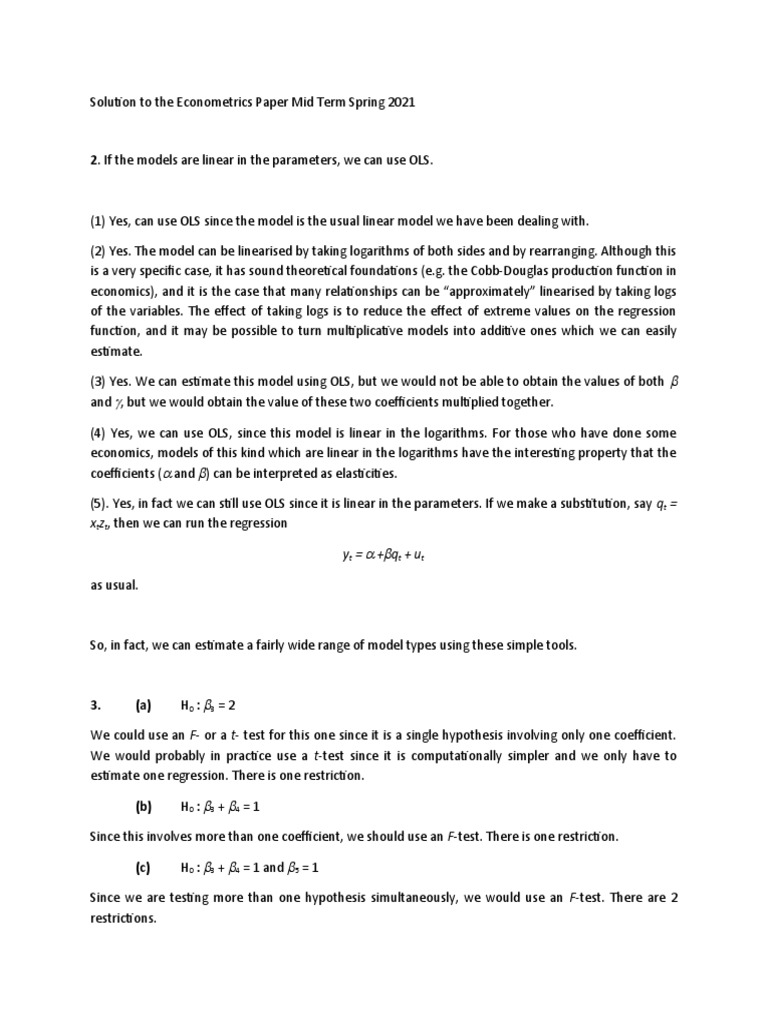 Solution To The Econometrics Paper Mid Term Spring 2021 | PDF | Ordinary Least Squares ...