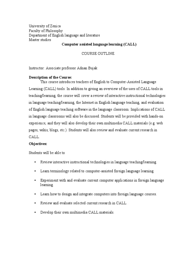 Preparing Teachers for Computer-Assisted Language Learning: A Course Outline for Developing ...