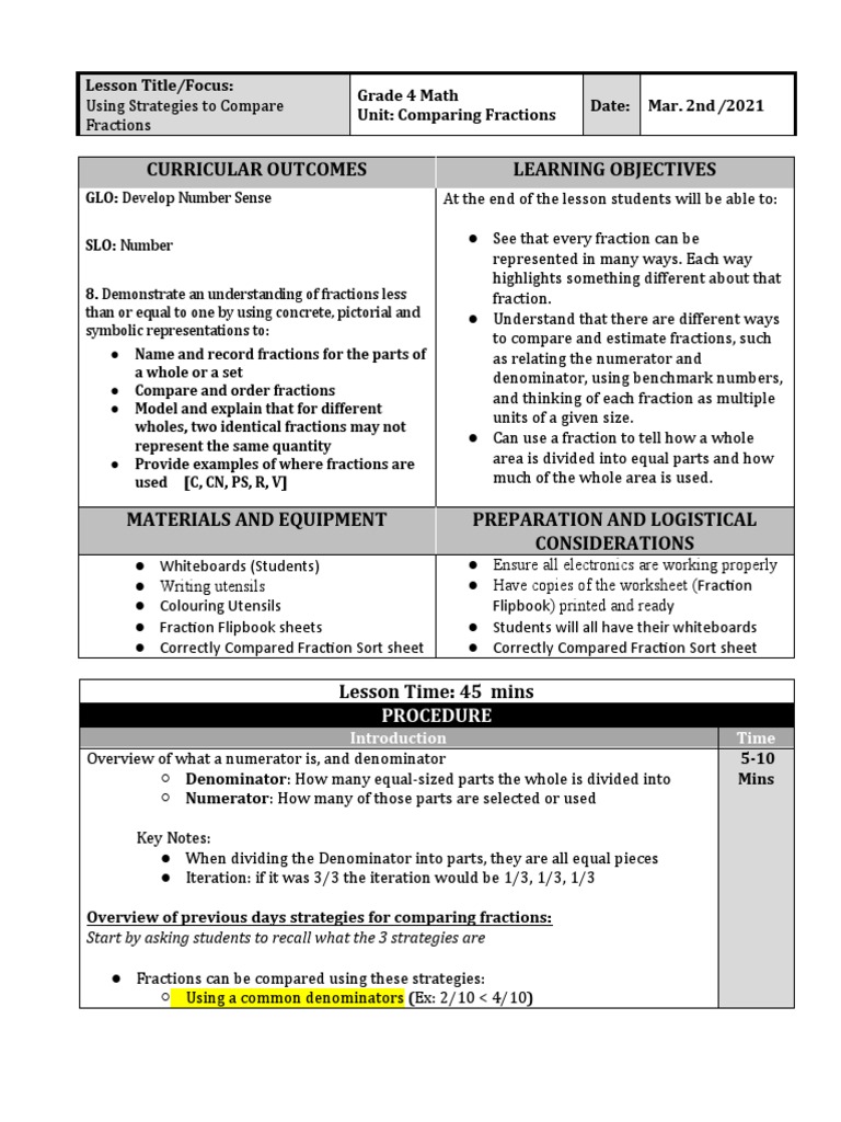Curricular Outcomes Learning Objectives: Lesson Title/Focus: Grade 4 Math Unit: Comparing ...
