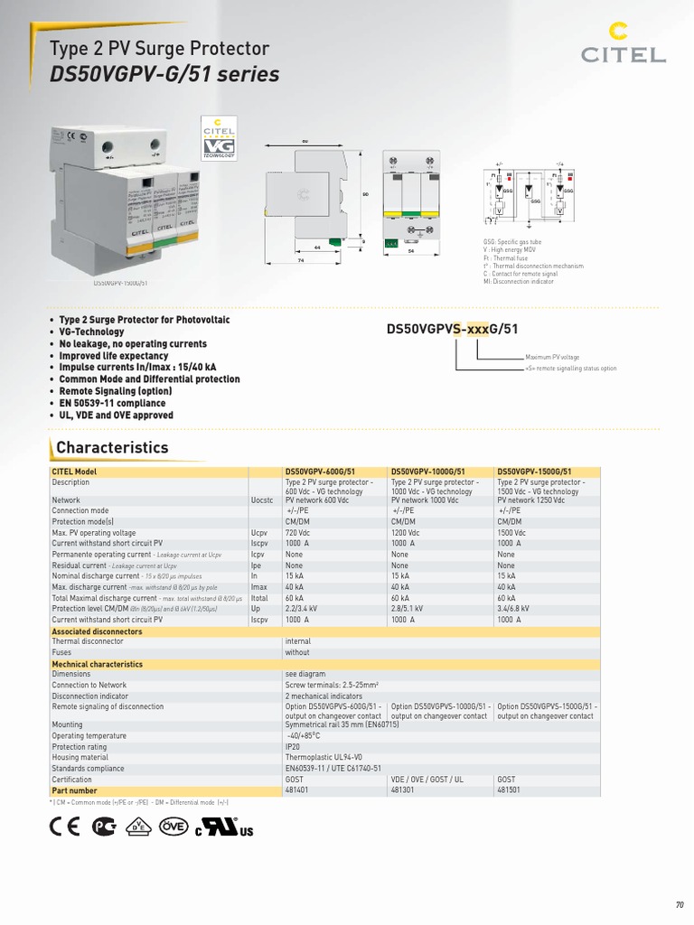 Ds 20180725 Sg125hv DC SPD Citel Ds50vgpv-g v10 en | PDF | Electrical Engineering | Electricity