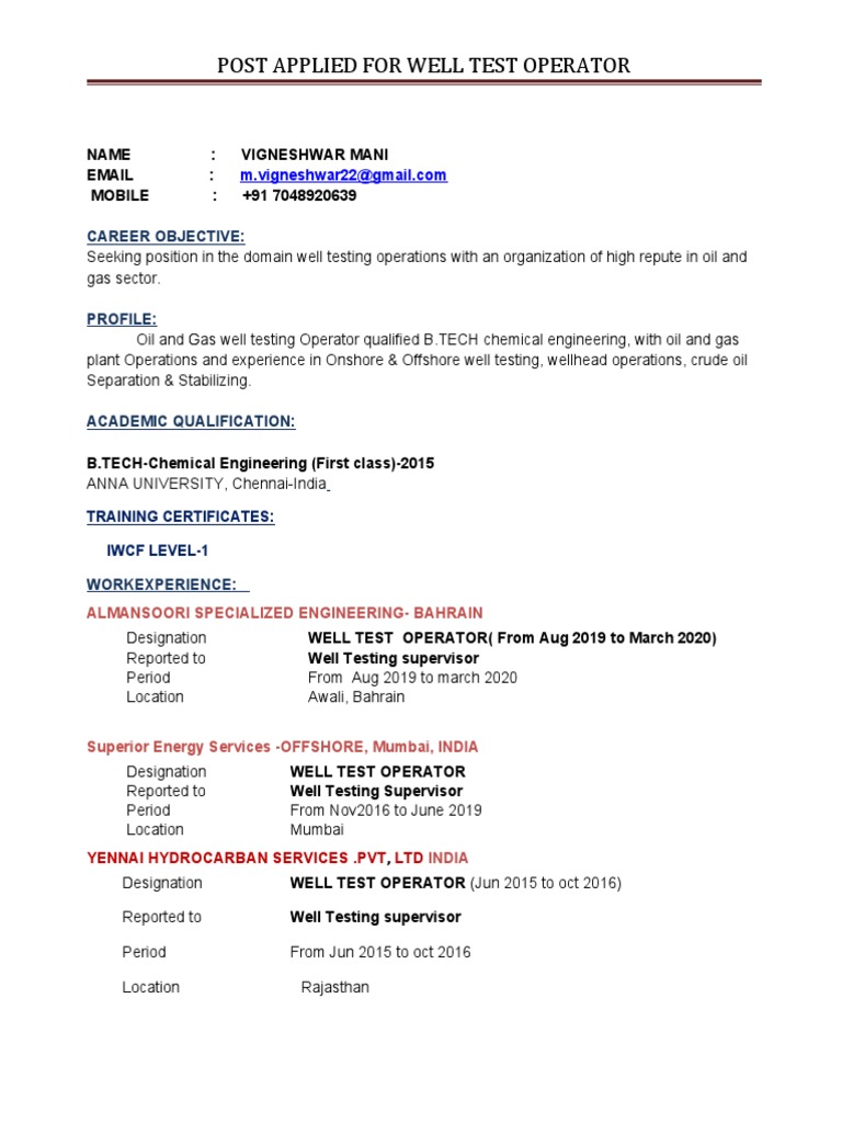 Well Test Operator Resume | PDF | Pump | Pressure Measurement