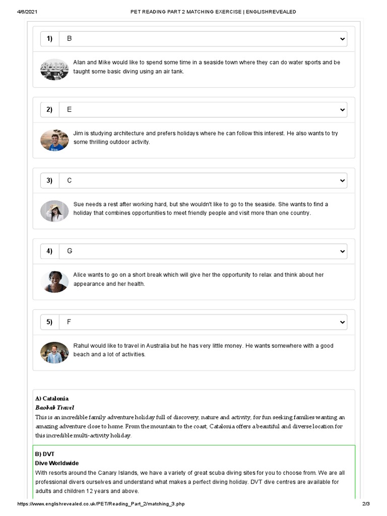 Pet Reading Part 2 Matching Exercise - Englishrevealed | PDF | Scuba ...