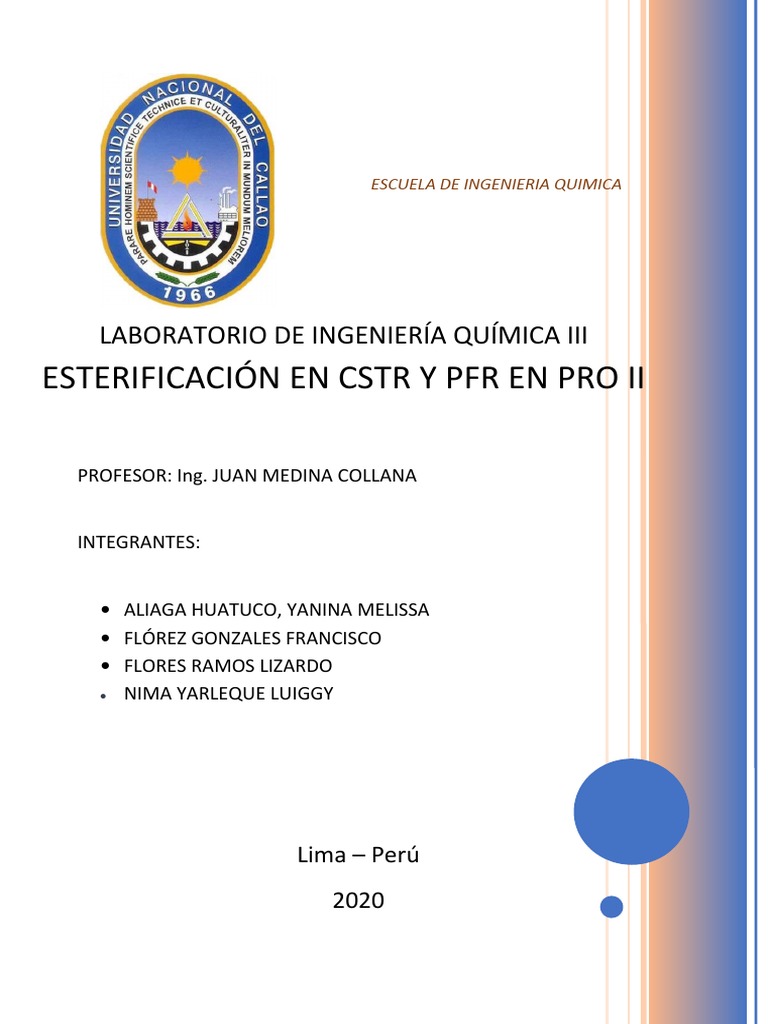 Esterificación en Reactores CSTR y PFR | PDF | Reactor Quimico | Procesos unitarios