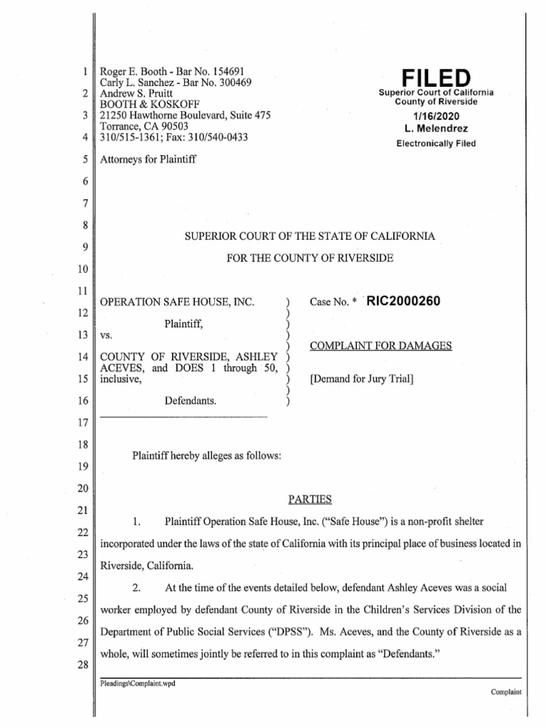 Operation SafeHouse Lawsuit vs. Riverside County | PDF | Lawsuit | Pleading