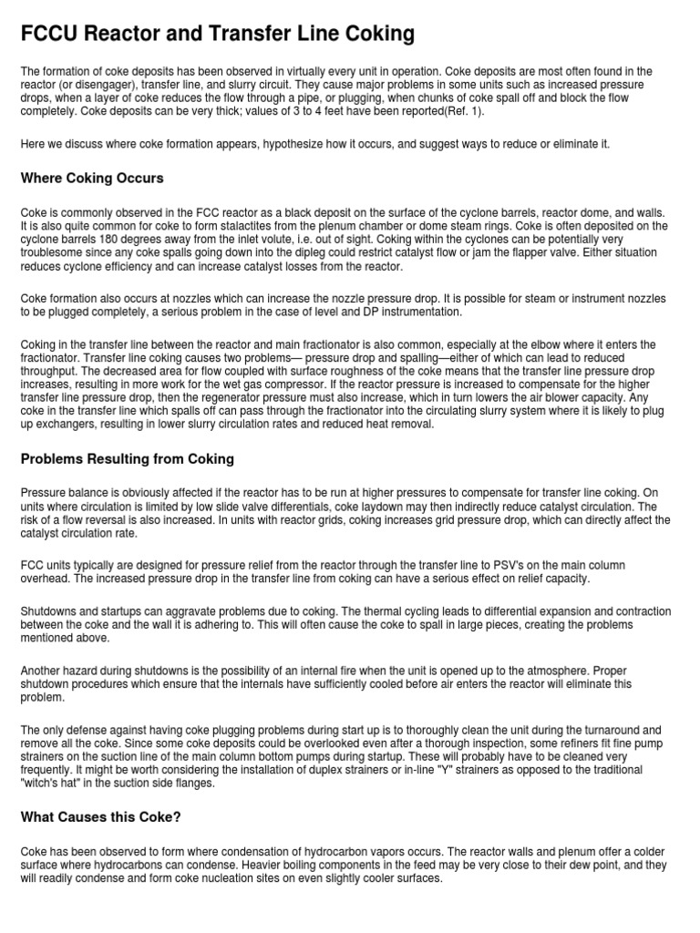 FCCU Reactor and Transfer Line Coking | Download Free PDF | Cracking ...