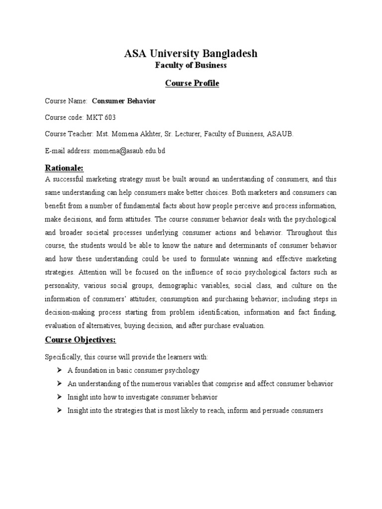Course Profile MKT 603 | PDF | Consumer Behaviour | Attitude (Psychology)