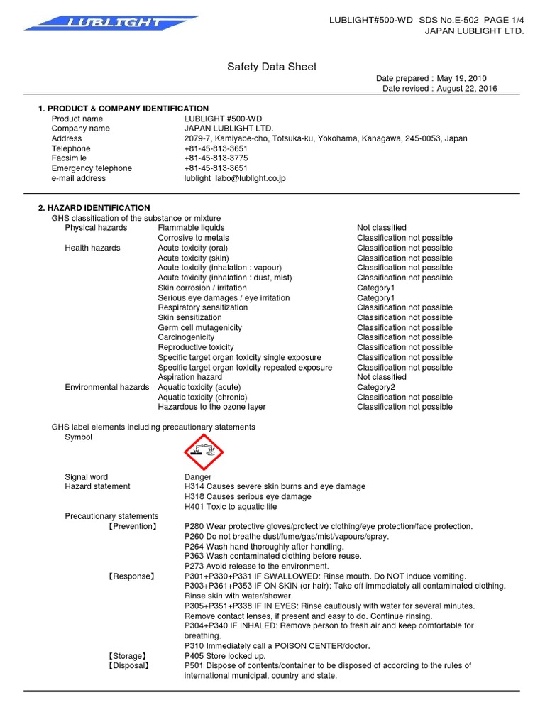 LUBLIGHT #500-WD Safety Data Sheet | PDF | Toxicity | Working Conditions