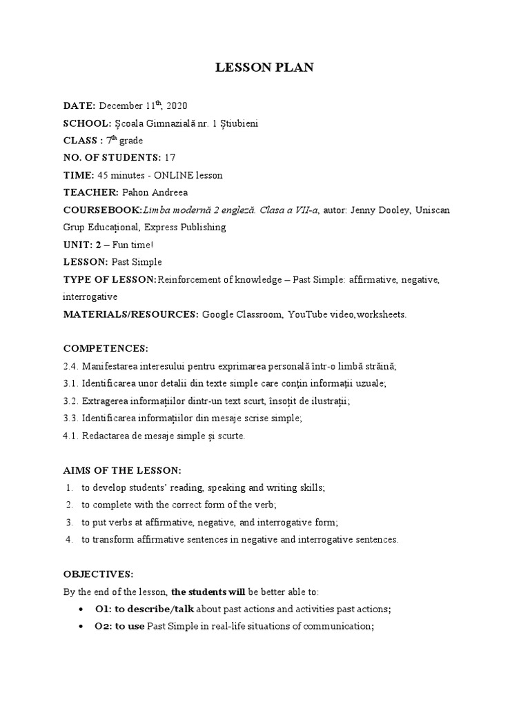 Lesson Plan 7 L2-Past-Simple | PDF | Lesson Plan | Question