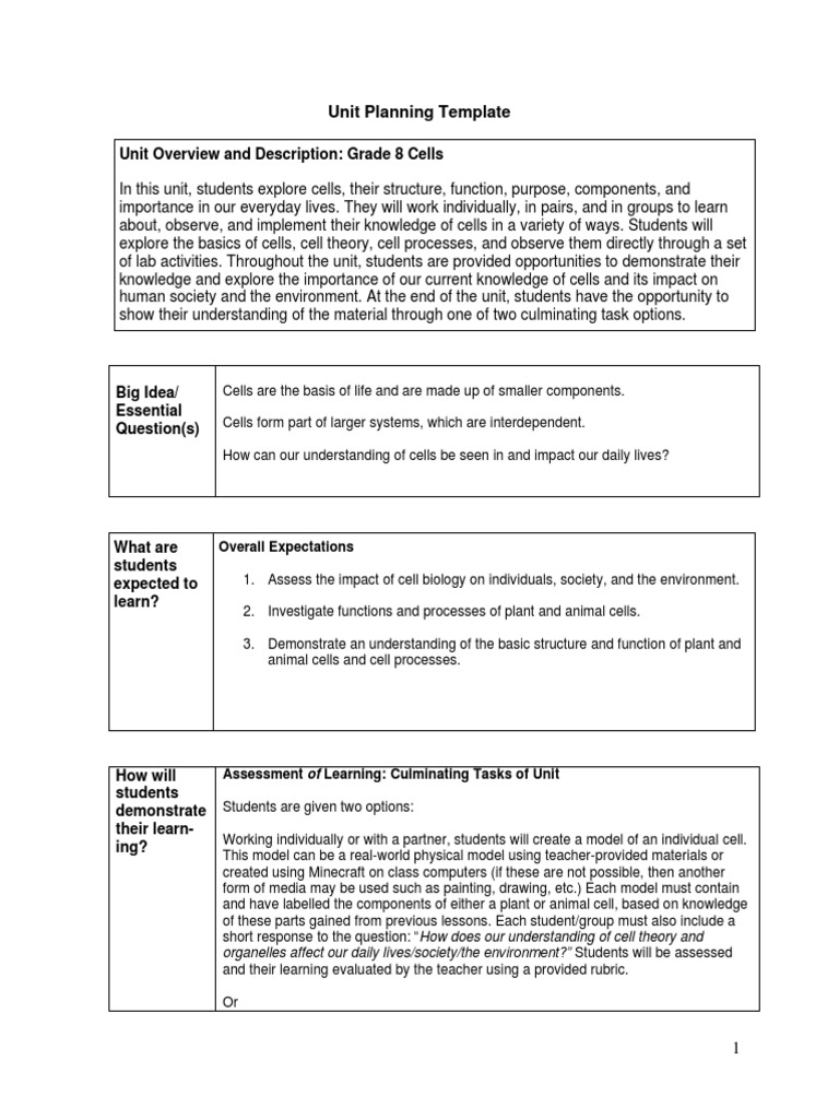 Grade 8 Science Unit Plan Sample Lesson Plans | PDF | Cell (Biology ...