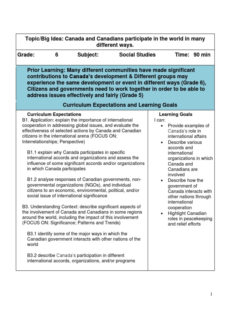 Grade 6 Social Studies Lesson Plan | PDF | Canada | Curriculum
