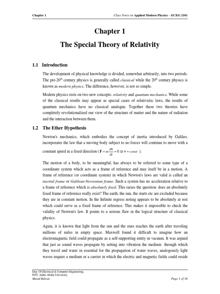 The Special Theory of Relativity: Class Notes On Applied Modern Physics ...
