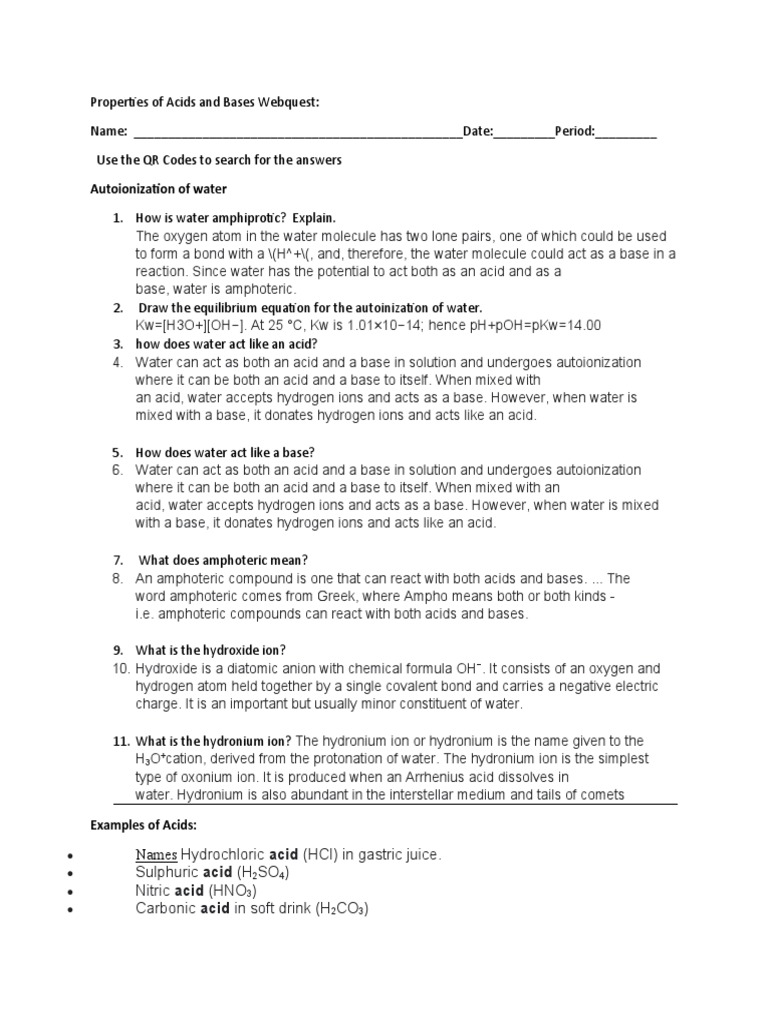 Webquest Properties of Acids and Bases | PDF | Acid | Molecular Physics