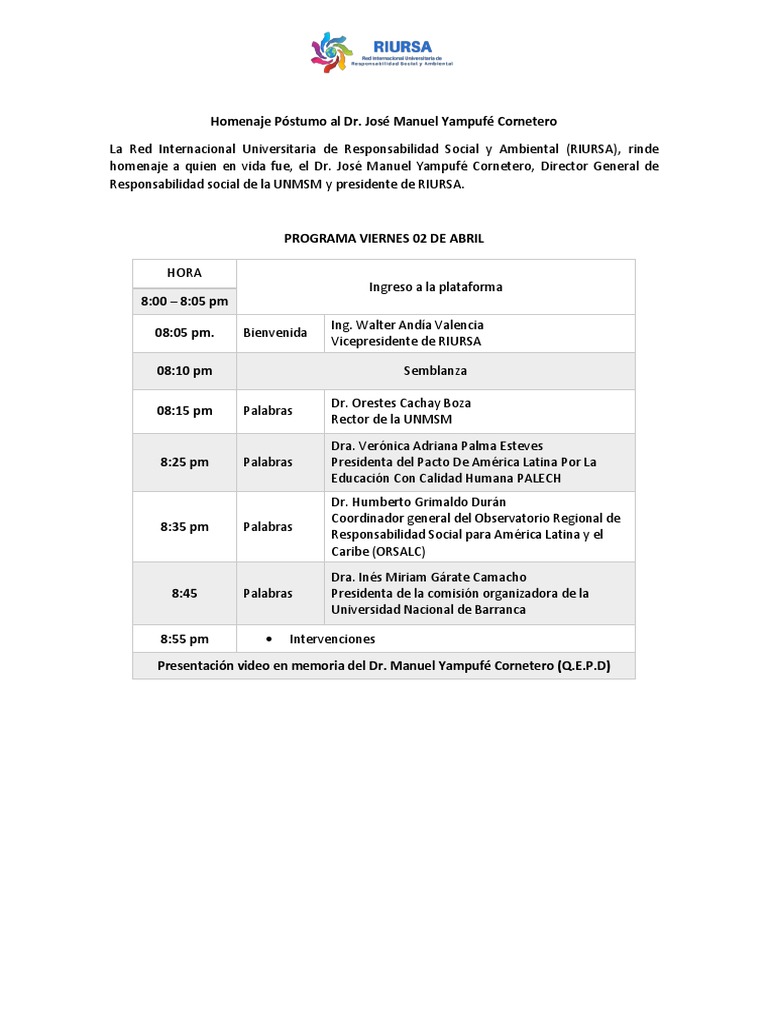 PROGRAMA Homenaje Póstumo Dr. Manuel Yampufé | PDF