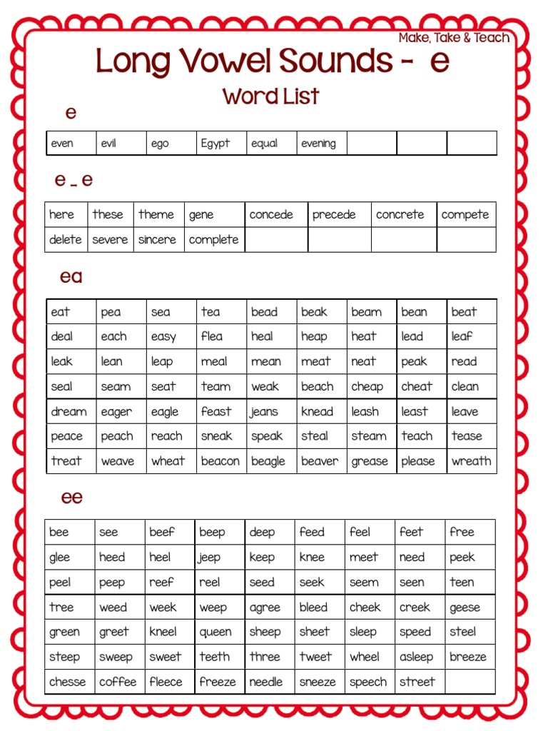 Long Vowel E Word List | PDF