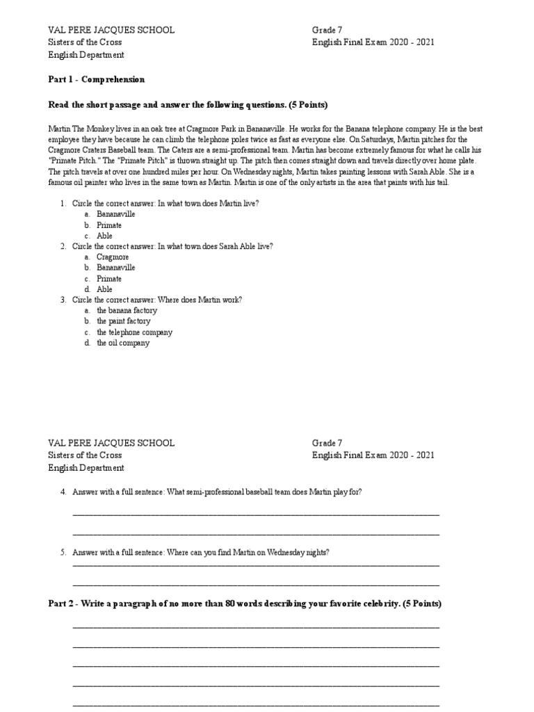 Grade 7 - English Final Exam | PDF