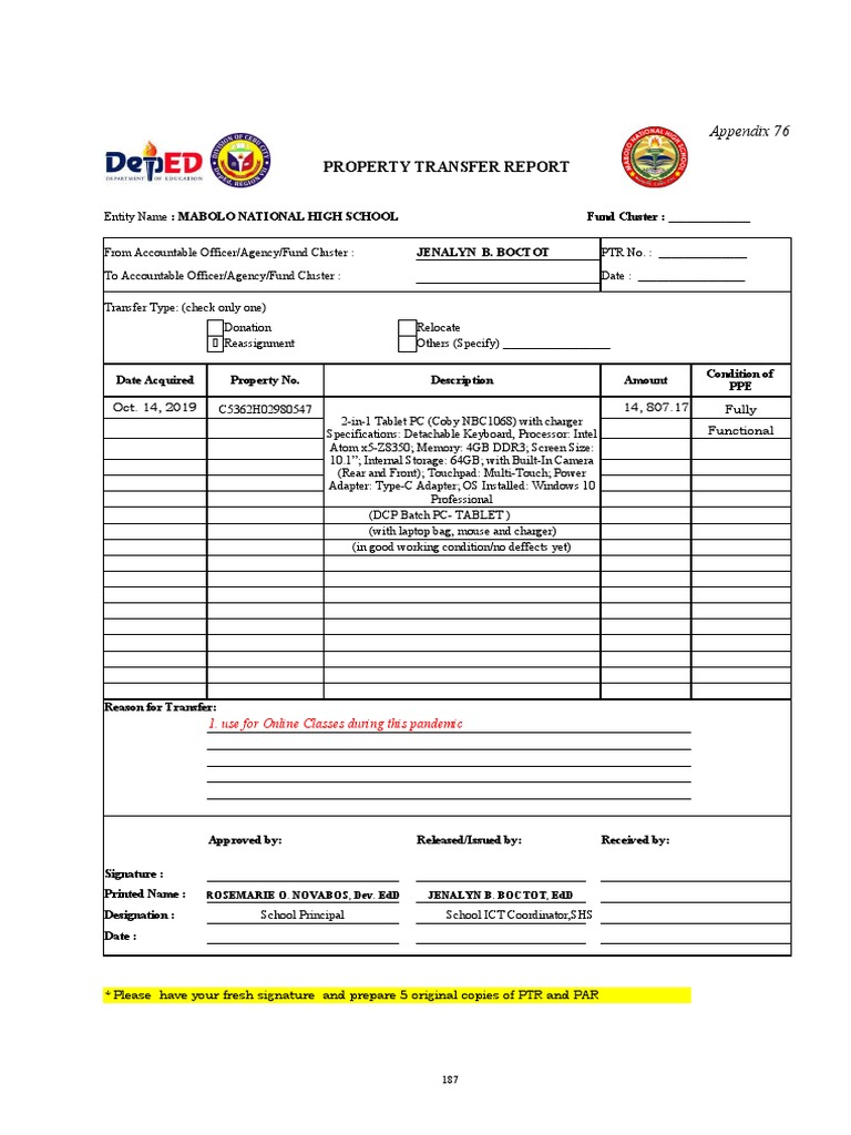 Property Transfer Report: Fund Cluster: - Jenalyn B. Boctot | PDF ...