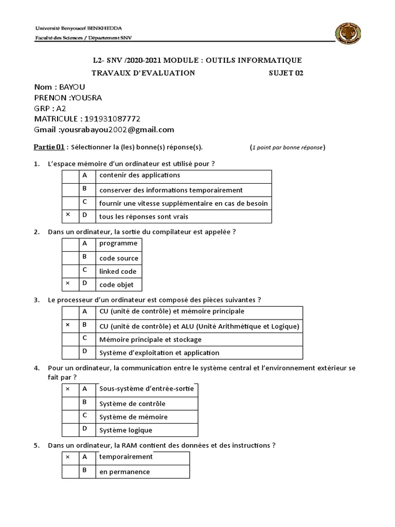 Examen Informatique | PDF | Système d'exploitation | Mémoire (informatique)