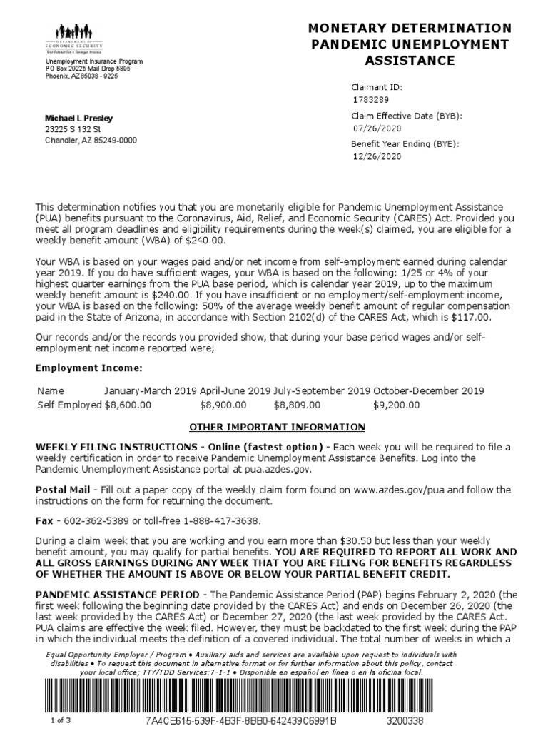 Monetary Determination Pandemic Unemployment Assistance: Michael L ...