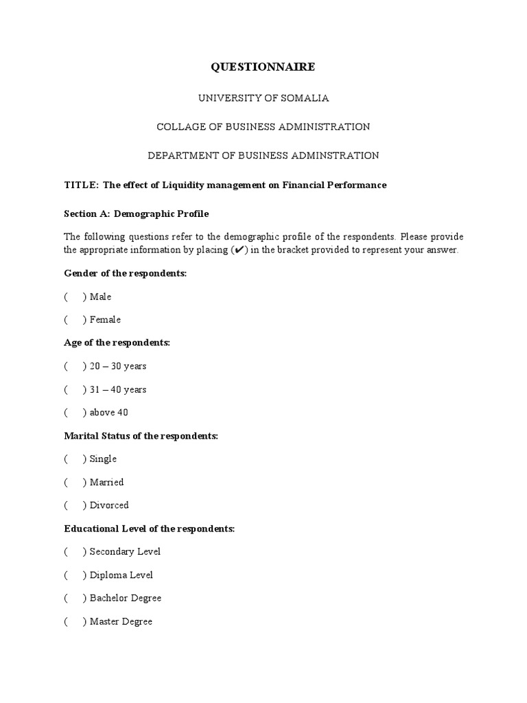 Questionnaire: TITLE: The Effect of Liquidity Management On Financial ...
