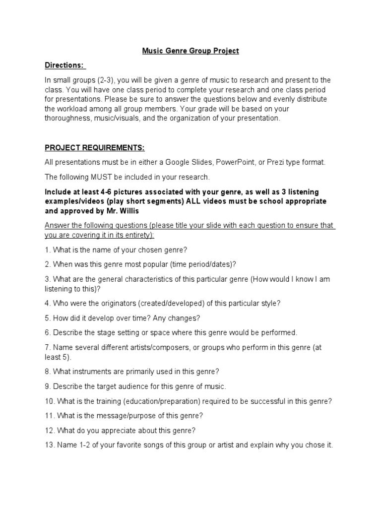 Music Genre Group Project Directions | PDF
