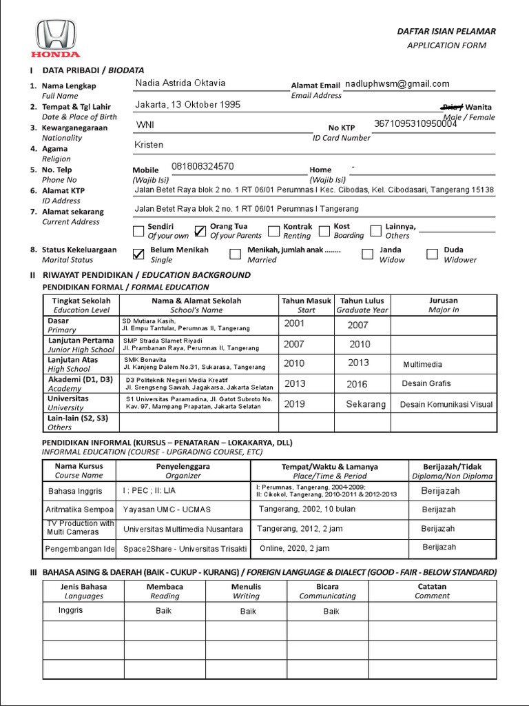 Honda - Application Form Nadia Astrida Oktavia | PDF