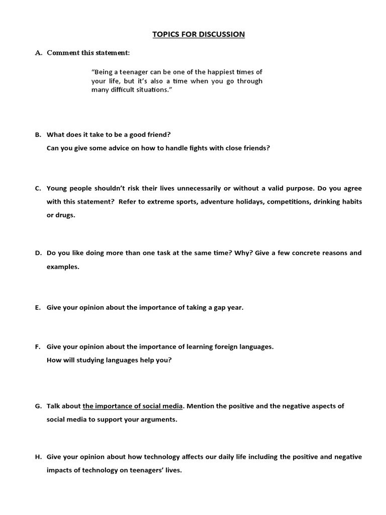 Topics For Discussion Speaking Activities PDF