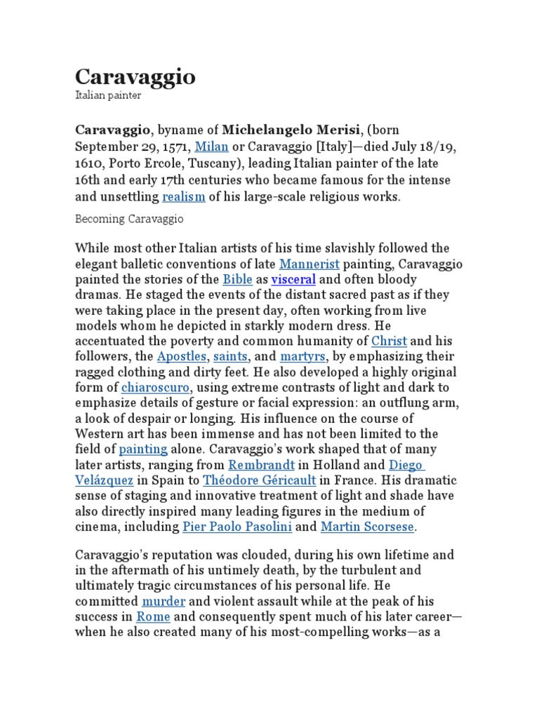 Caravaggio: Caravaggio, Byname of Michelangelo Merisi, (Born | PDF ...