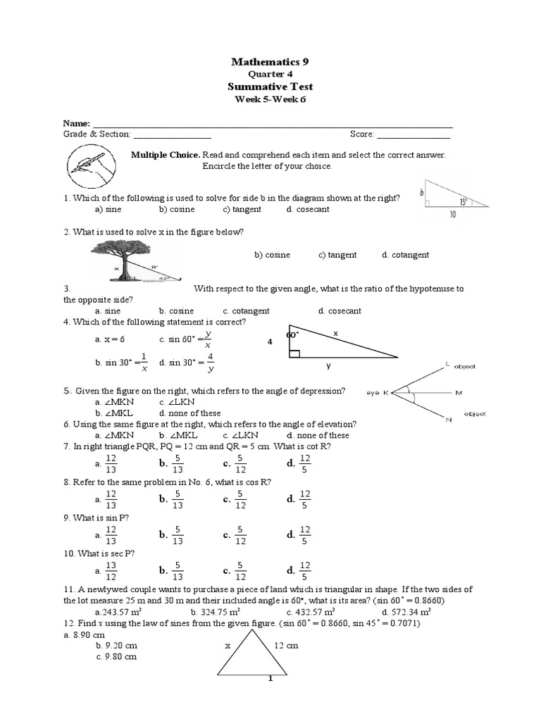 Grade 9 Math Q4 Summative Test | PDF | Trigonometric Functions | Sine