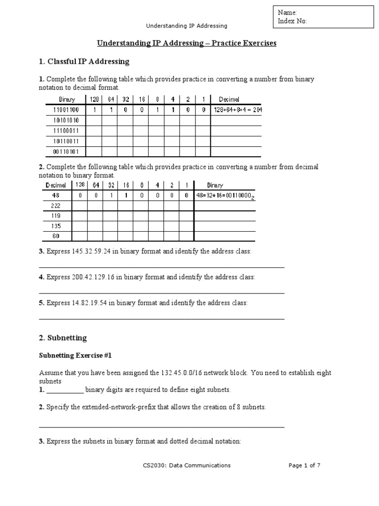 IP Addressing and Subnetting Exercises | PDF | Ip Address | Network ...