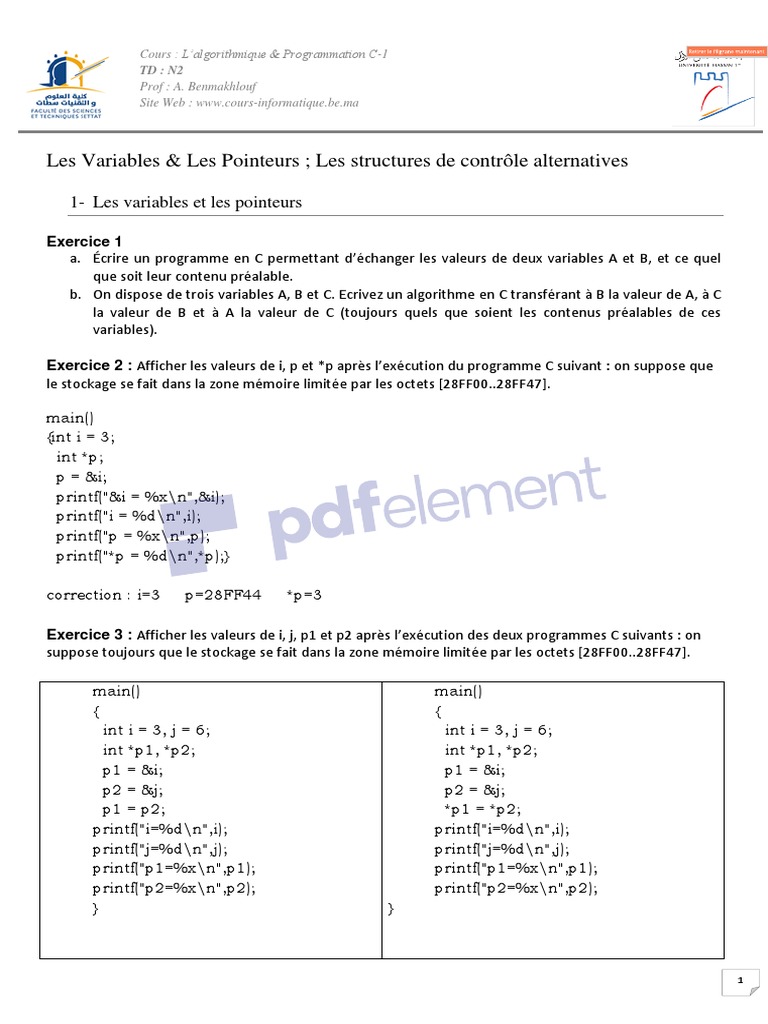 Les Variables & Les Pointeurs Les Structures de Contrôle Alternatives ...