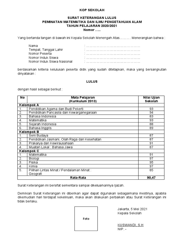 Surat Keterangan Lulus SMA 2021 | PDF
