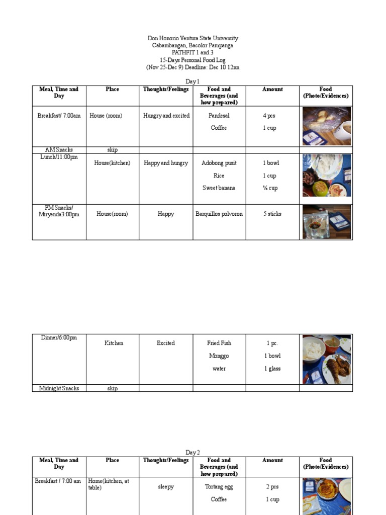 15 Days Personal Food Log Pathfit 1 and 3 | PDF | Meal | Dinner