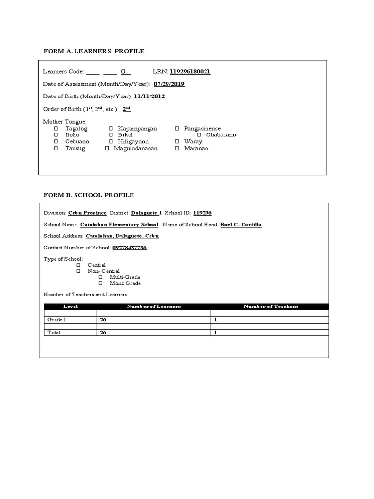 Form A. Learners' Profile: Level Number of Learners Number of Teachers ...