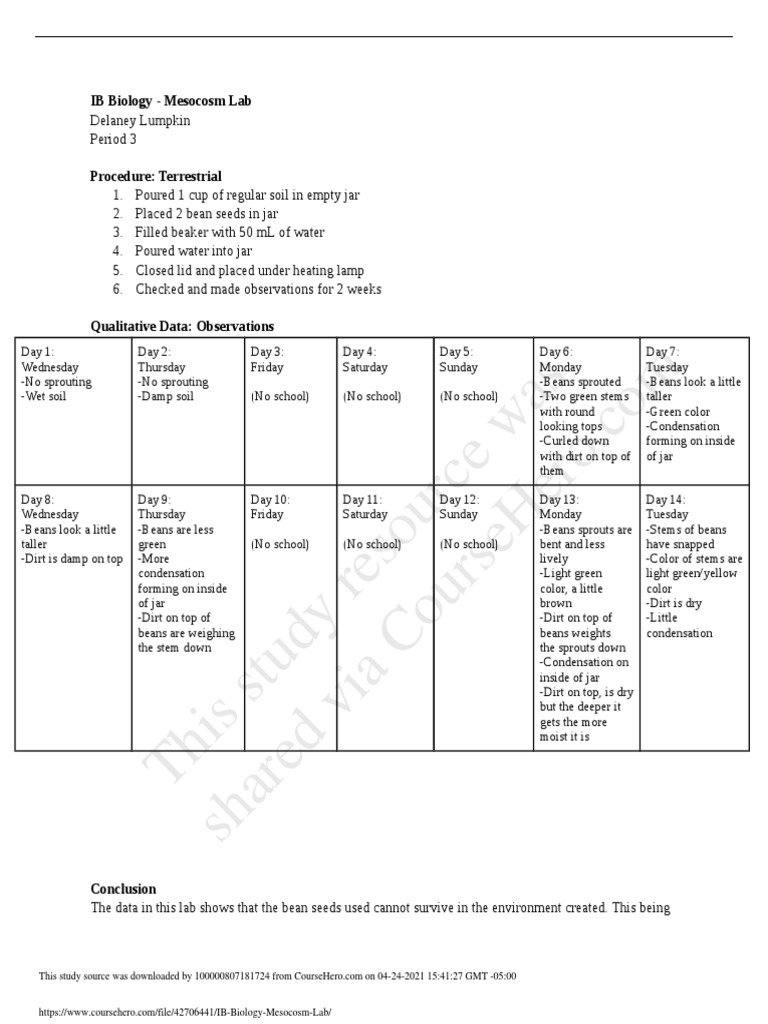 This Study Resource Was: IB Biology - Mesocosm Lab | PDF | Nature | Science