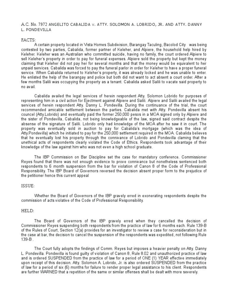 A.C. No. 7972 Digest (Cabalida Vs Lobrido) | PDF | Lawyer | Justice