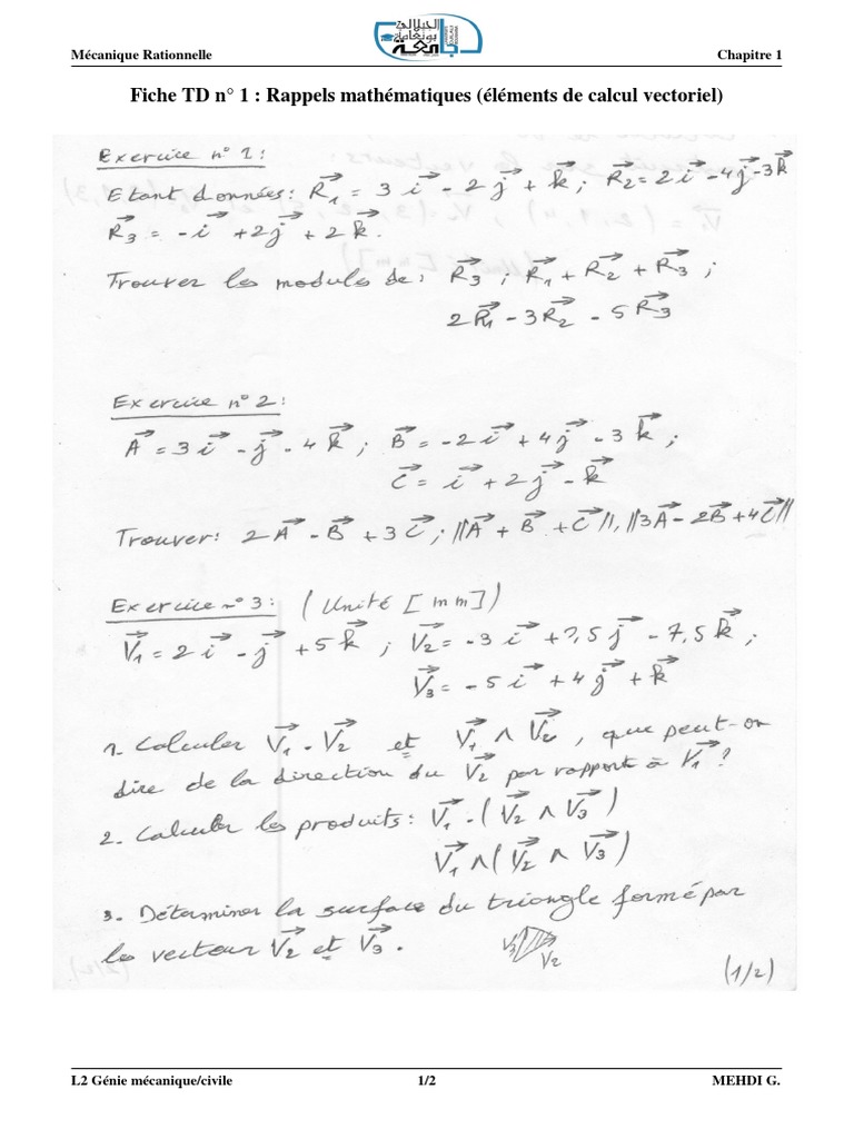 TD1 - Calcul Vectoriel | PDF | Méthodes et références pédagogiques