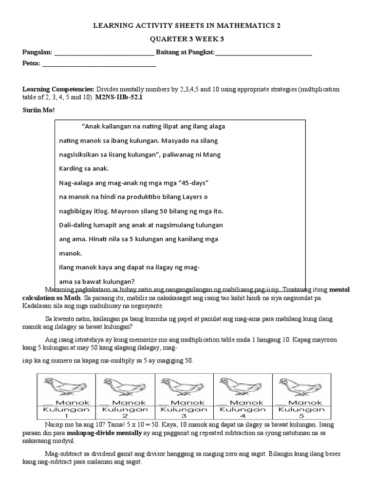 LEARNING ACTIVITY SHEETS IN MATH Quarter 3 Week 3 | PDF