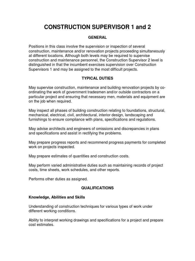 Construction Supervisor 1 and 2: General | PDF