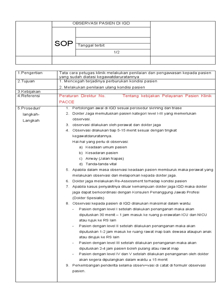 Sop Menerima Pasien Di Igd | PDF
