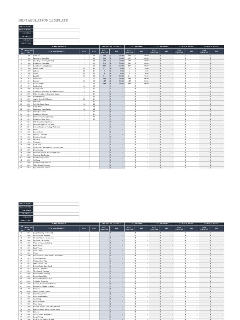 Bid Tabulation Template: Company Name Project Name Location Architect ...