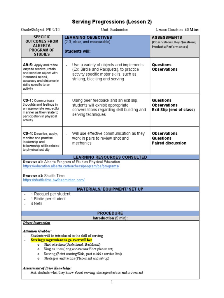 Badminton Serving Techniques for PE 9/10 | PDF | Learning | Teaching