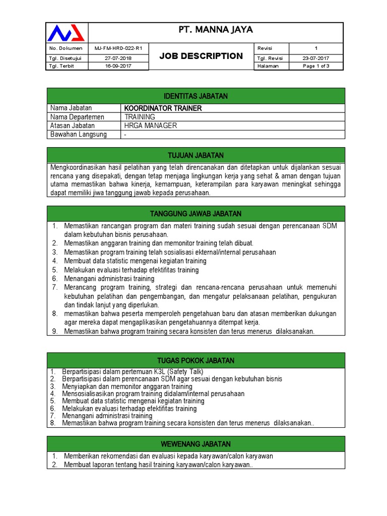 Deskripsi Jabatan Koordinator Trainer | PDF | Bisnis