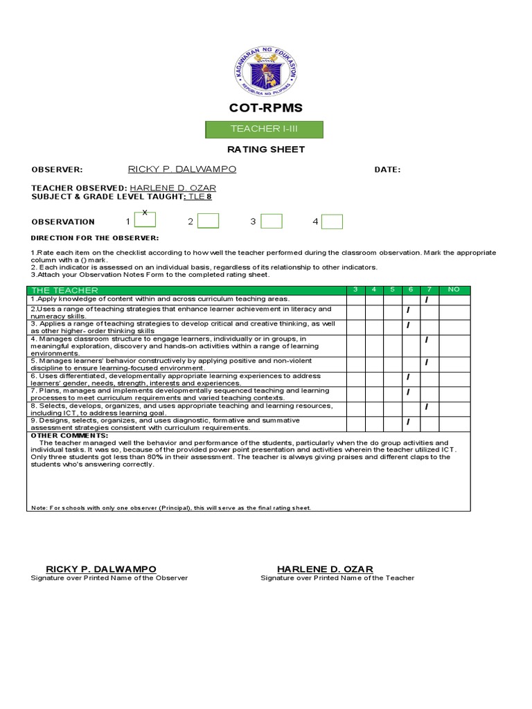 COT-RPMS and Observation Sheet | PDF | Curriculum | Educational Technology