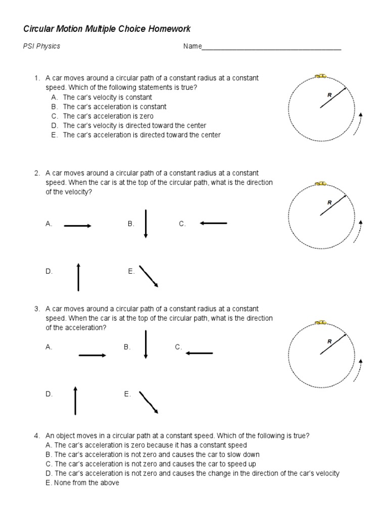 Circular Motion Multiple Choice Homework: PSI Physics | PDF | Acceleration | Force