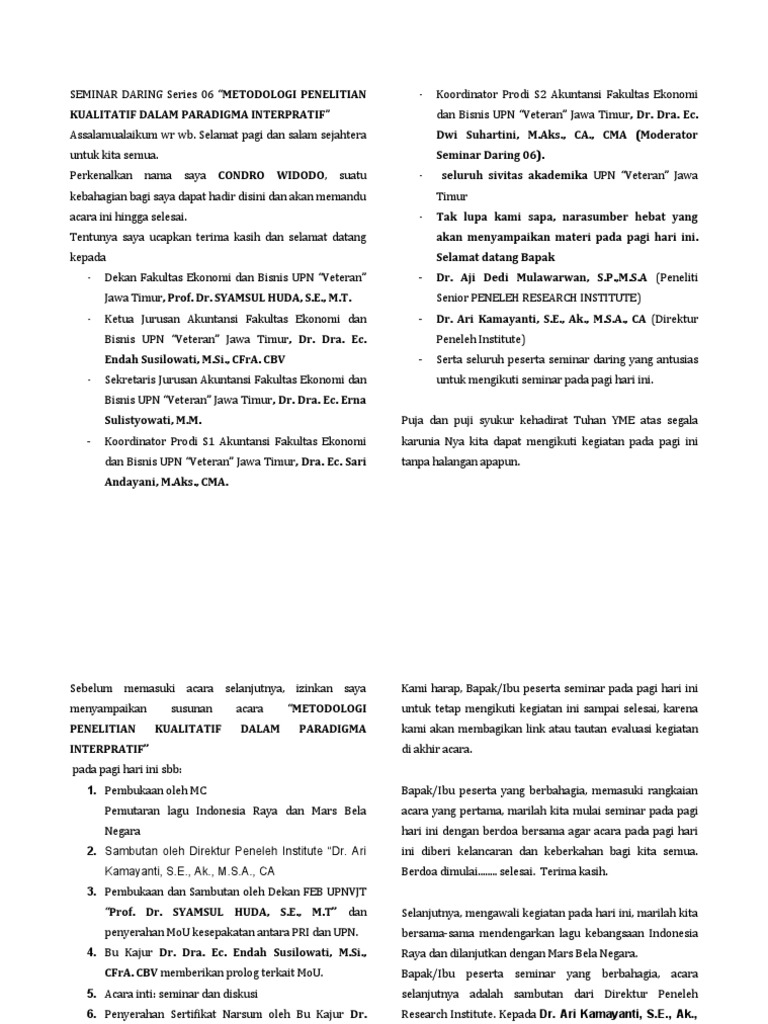 Contoh Cue Card MC Seminar Daring | PDF | Karier & Perkembangan