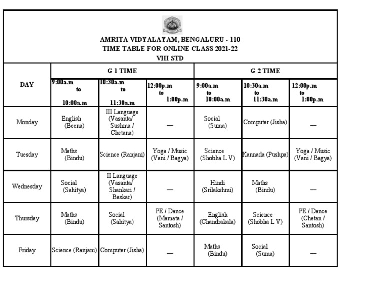 Amrita Vidyalayam, Bengaluru - 110 Time Table For Online Class 2021-22 ...