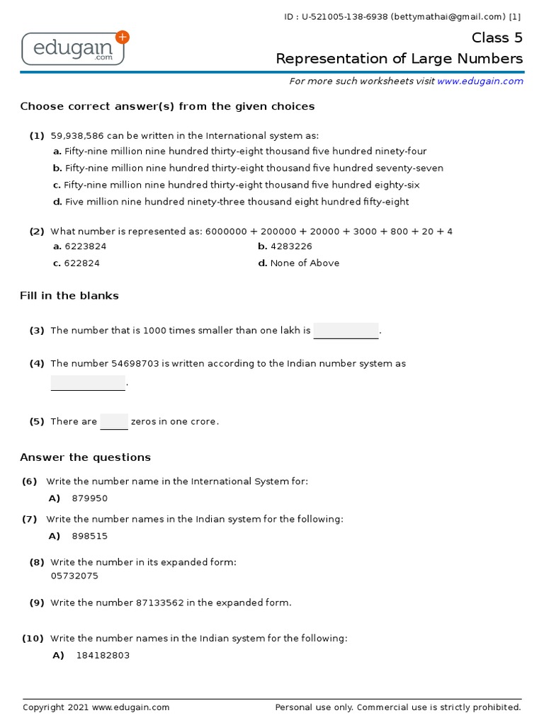Class 5 Representation of Large Numbers: Choose Correct Answer(s) From ...