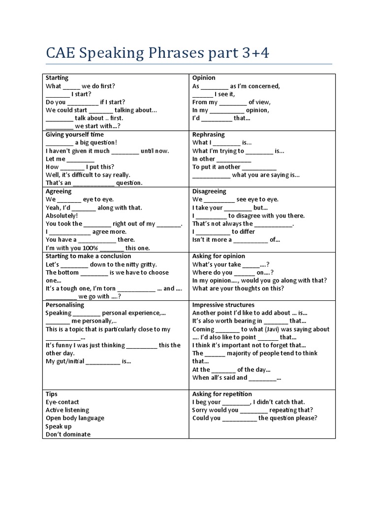 Cae Speaking Phrases Part 34 Gap Fill | PDF